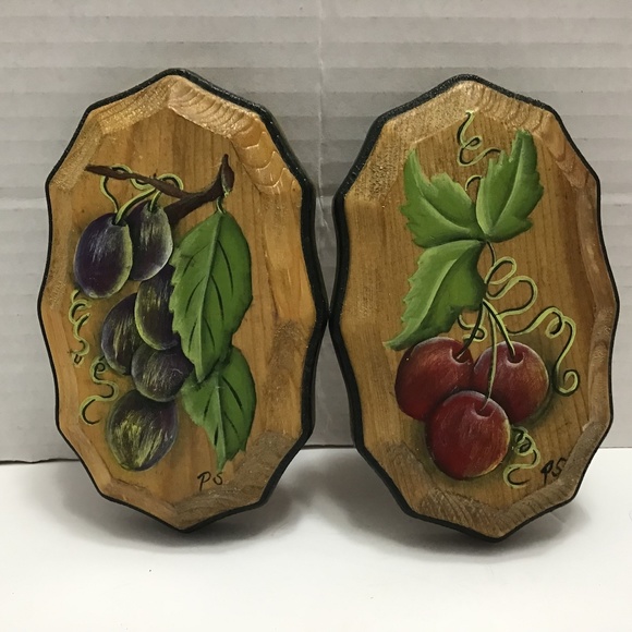Accents | Hand Painted Fruit Wood Plaques Set Of 2 Cherries Grapes ...